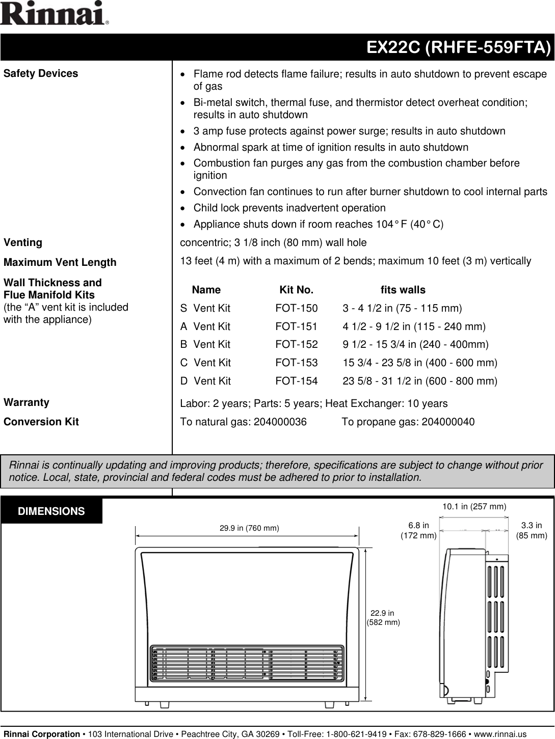 Rinnai Ex22C Rhfe 559Fta Specification Sheet