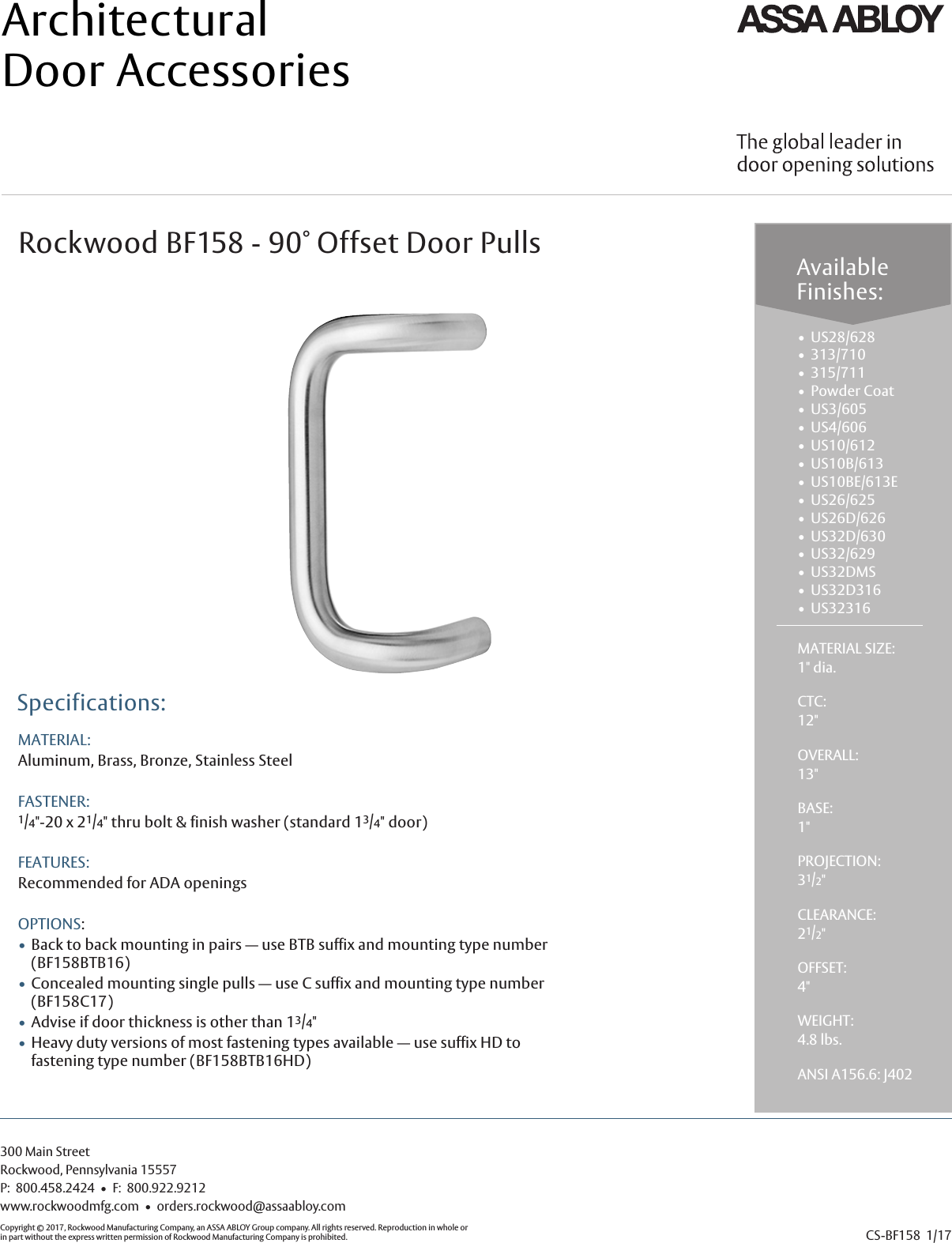 Rockwood BF158 Offset Pulls Cut Sheet BF158Cut