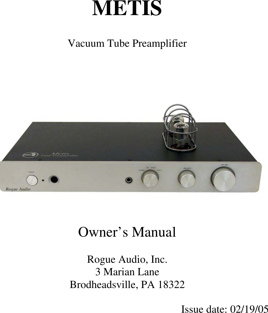 Rogue Audio Metis Vacuum Tube Preamplifier Users Manual Metis_050219