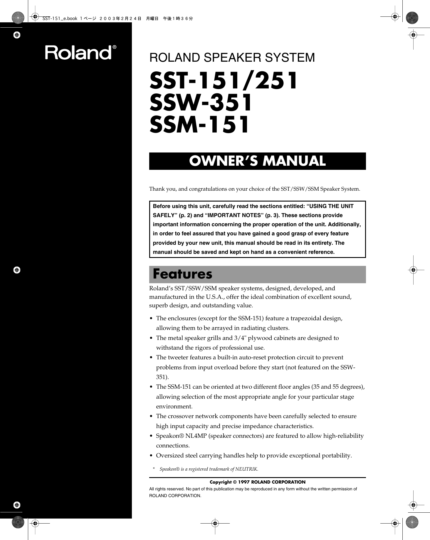 Roland Ssm 151 Users Manual SST 151_e