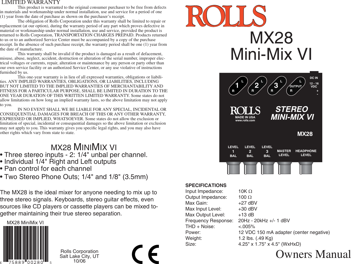 Rolls Stereo Receiver Mx28 Users Manual Mx28man