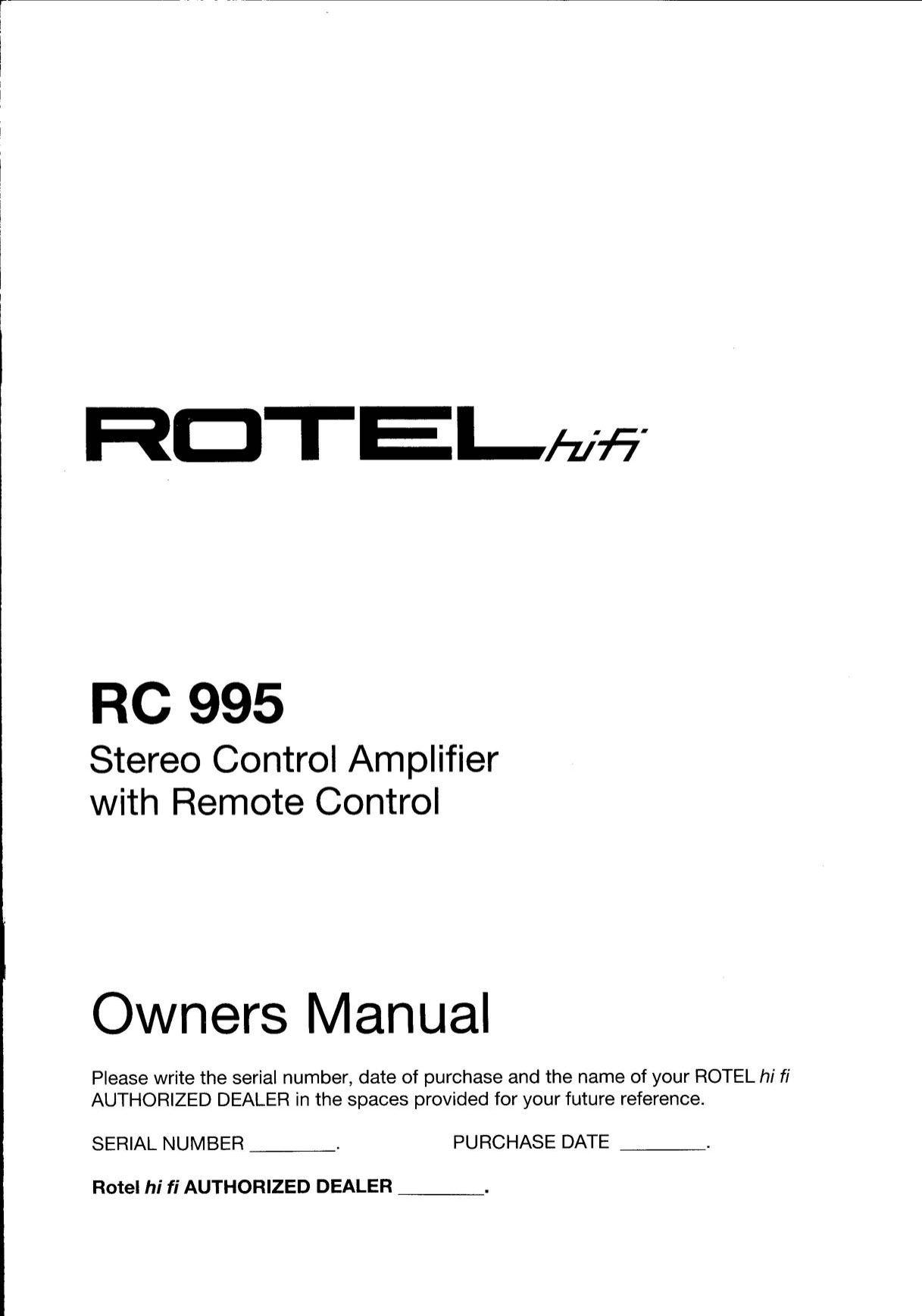 Rotel Rc 995 Users Manual