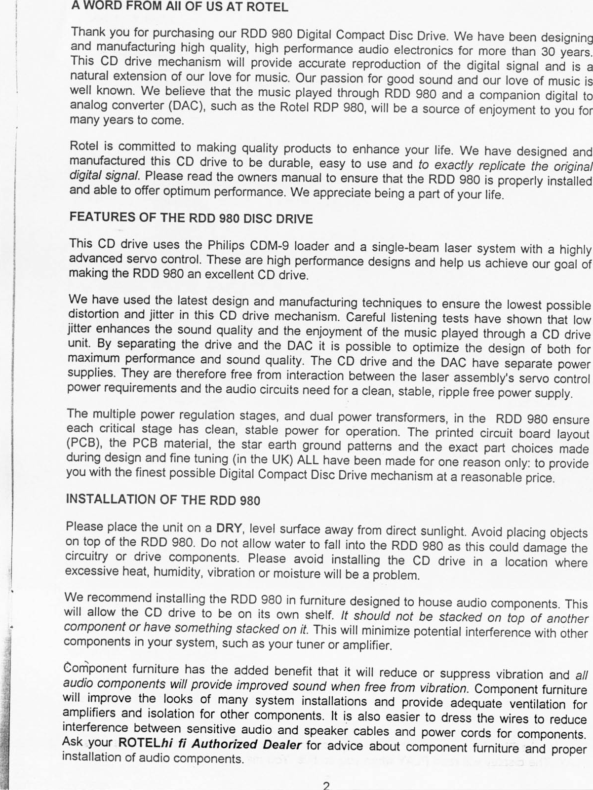 Rotel Rdd 980 Users Manual