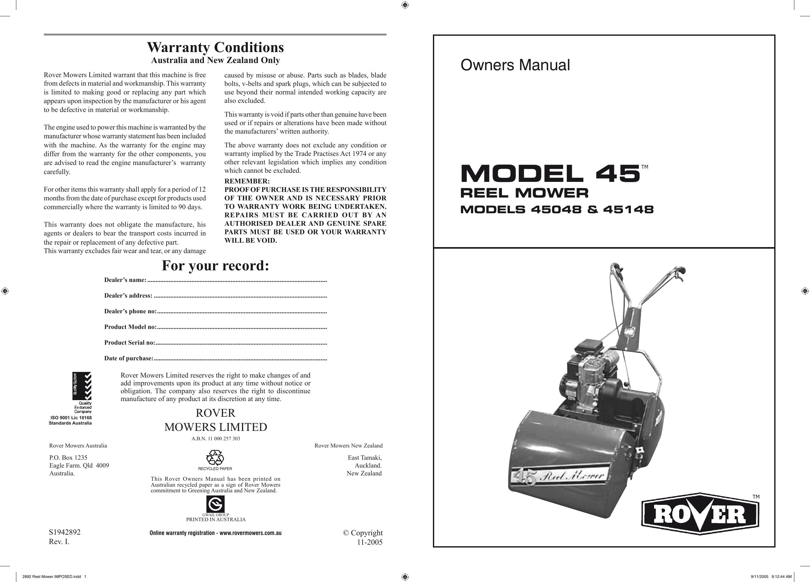 Rover 45048 45148 Users Manual