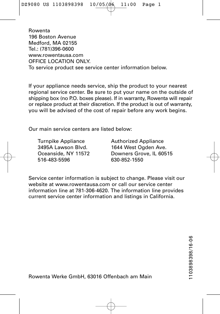 Rowenta Dz9080 Users Manual US 1103898398