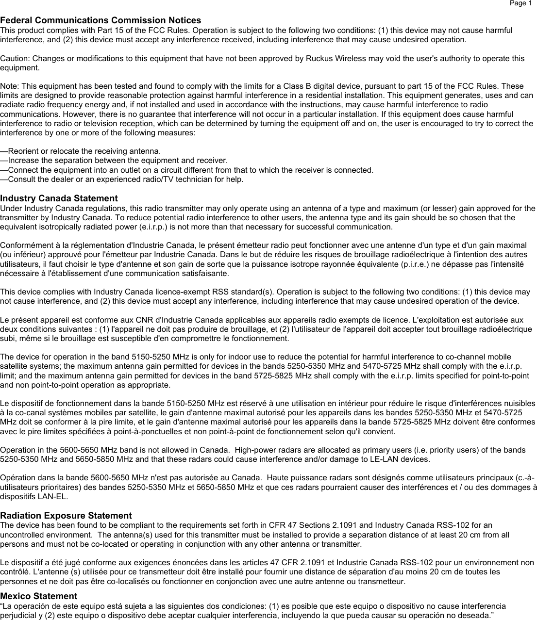 Ruckus Wireless R510 ZoneFlex R510 Access Point User Manual Regulatory ...