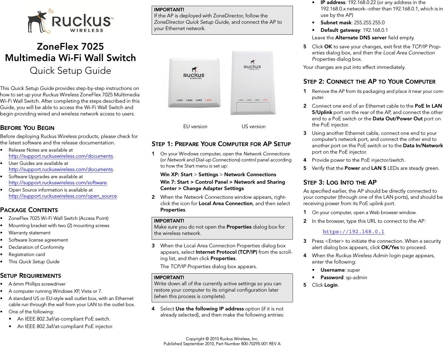 Ruckus Wireless ZF7025 ZoneFlex 7025 Access Point User Manual Ruckus Wireless AP ZF2942 7942 ...