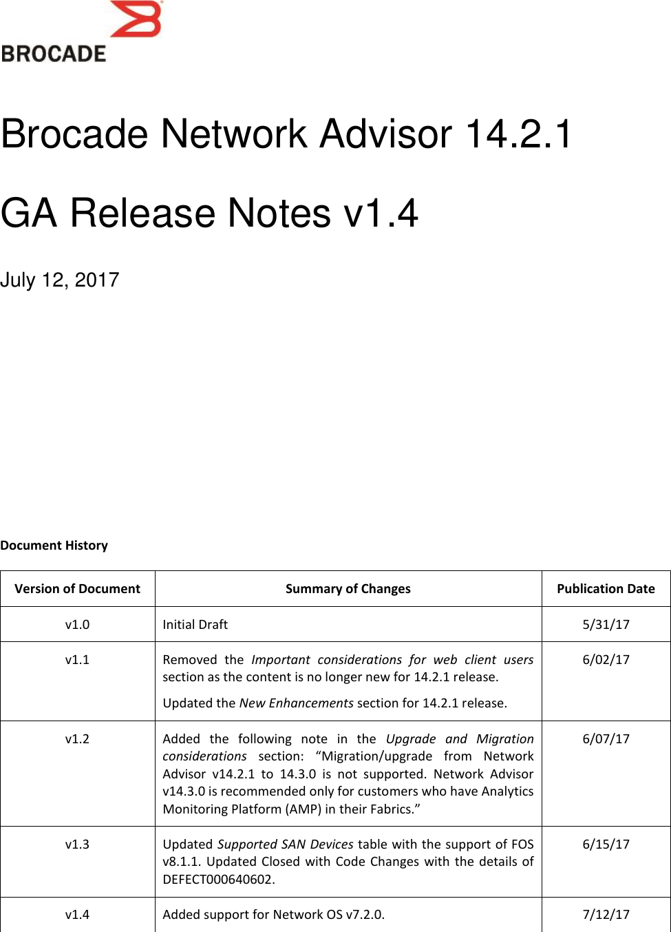 Ruckus Brocade Network Advisor (BNA) 14.2.1 (GA) Release Notes BNA GA V1.4