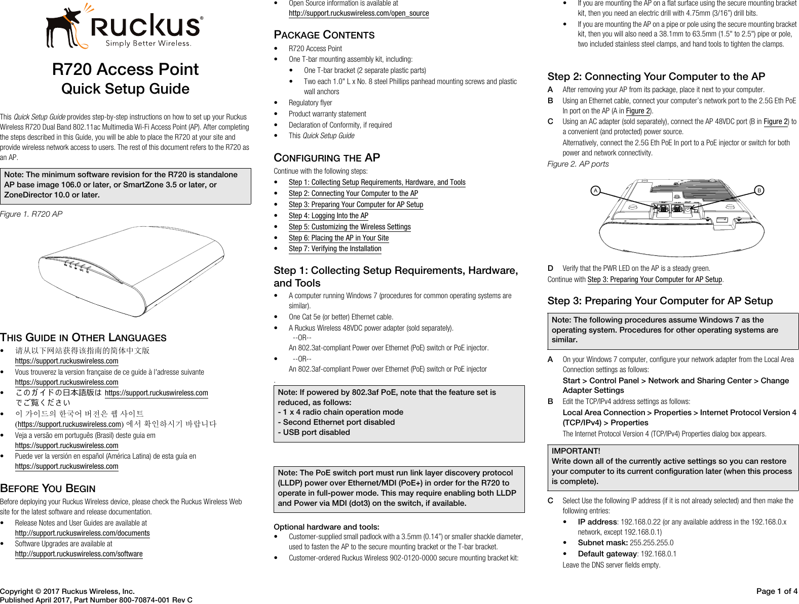 Ruckus R720 Access Point Quick Setup Guide Wireless QSG 800 70874 001 ...