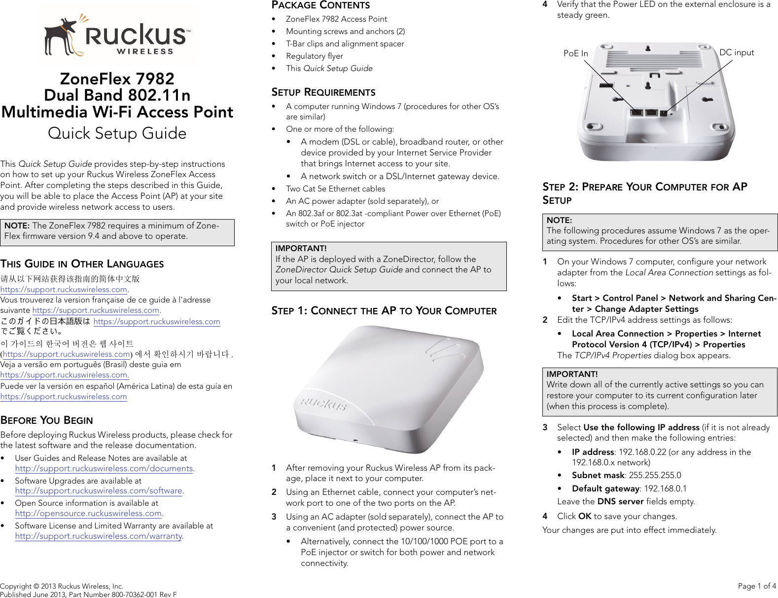 Ruckus Wireless AP ZF2942/7942 Quick Setup Guide Zone Flex 7982 ZF QSG ...