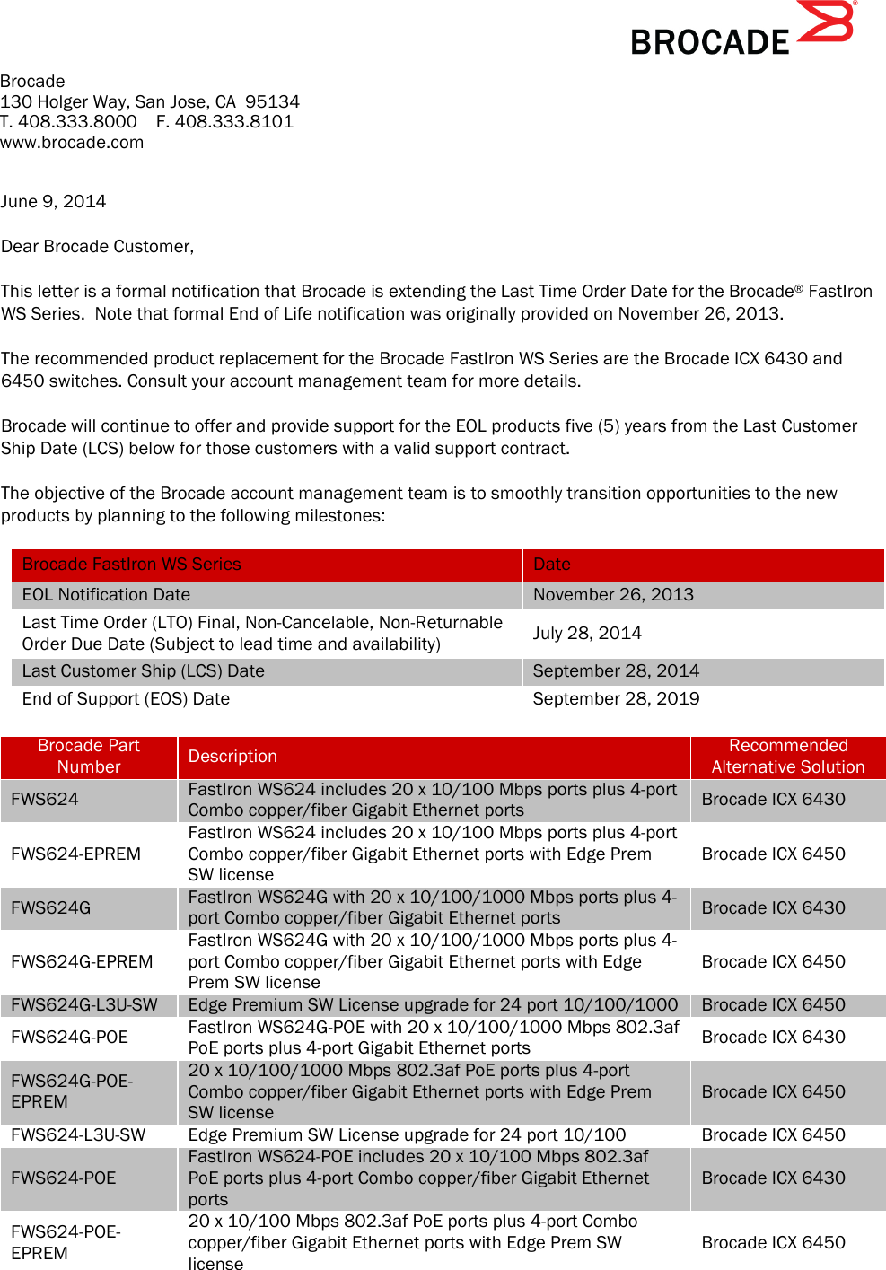 Ruckus Brocade FastIron WS Series EOL Extension Fast Iron Notice