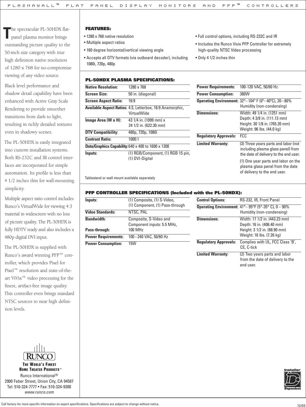 Runco Pl 50Hdx Users Manual Datasheet