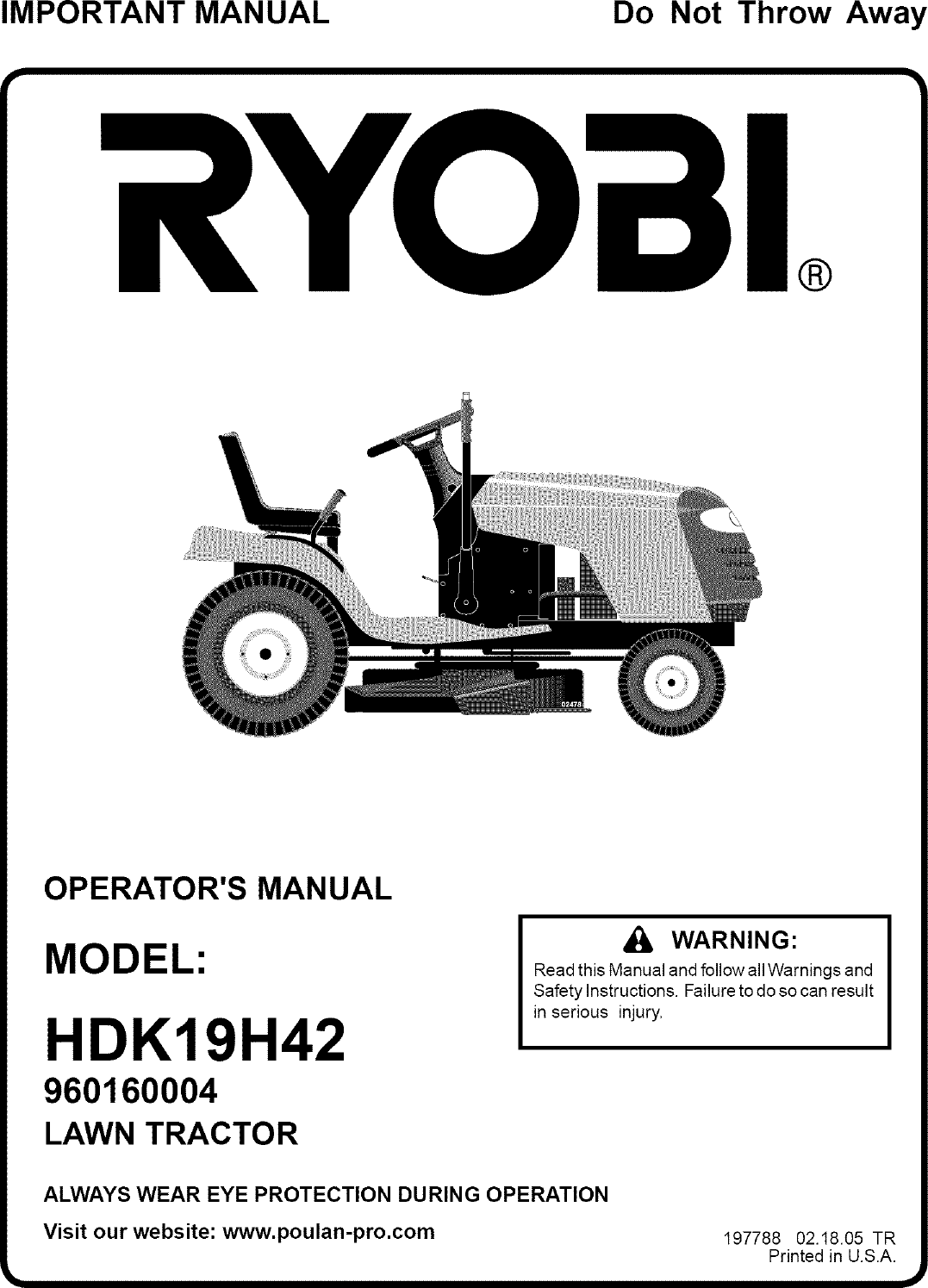 Ryobi 96016000400 User Manual TRACTOR Manuals And Guides L0504512