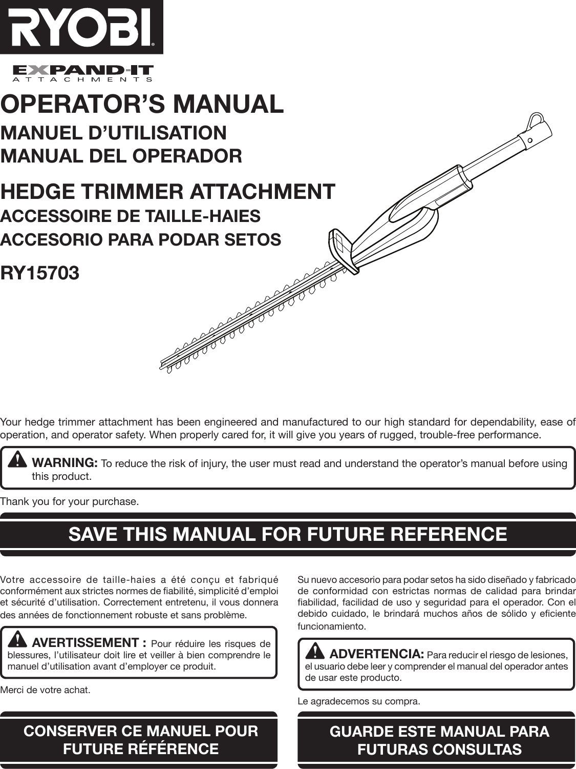 Ryobi Ry15703 Owner S Manual