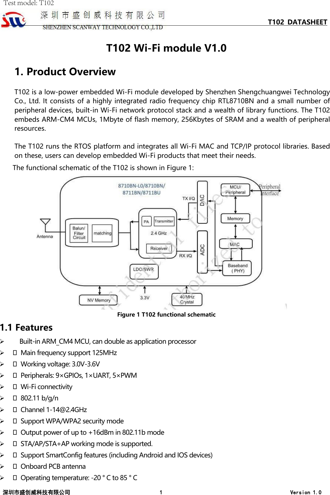 SCANWAY TECHNOLOGY T102 WIFI module User Manual T102 DataSheet V1 0