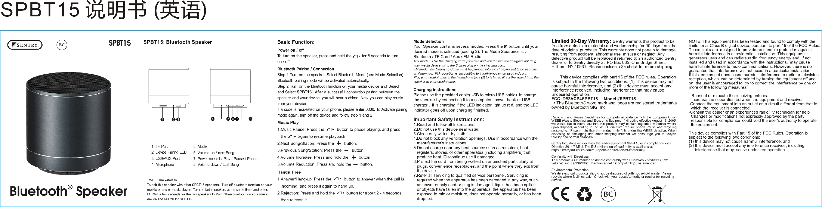 SENTRY SPBT15 Bluetooth Speakers User Manual