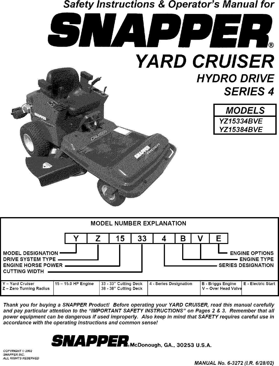 SNAPPER Lawn, Riding Mower Rear Engine Manual L0808151