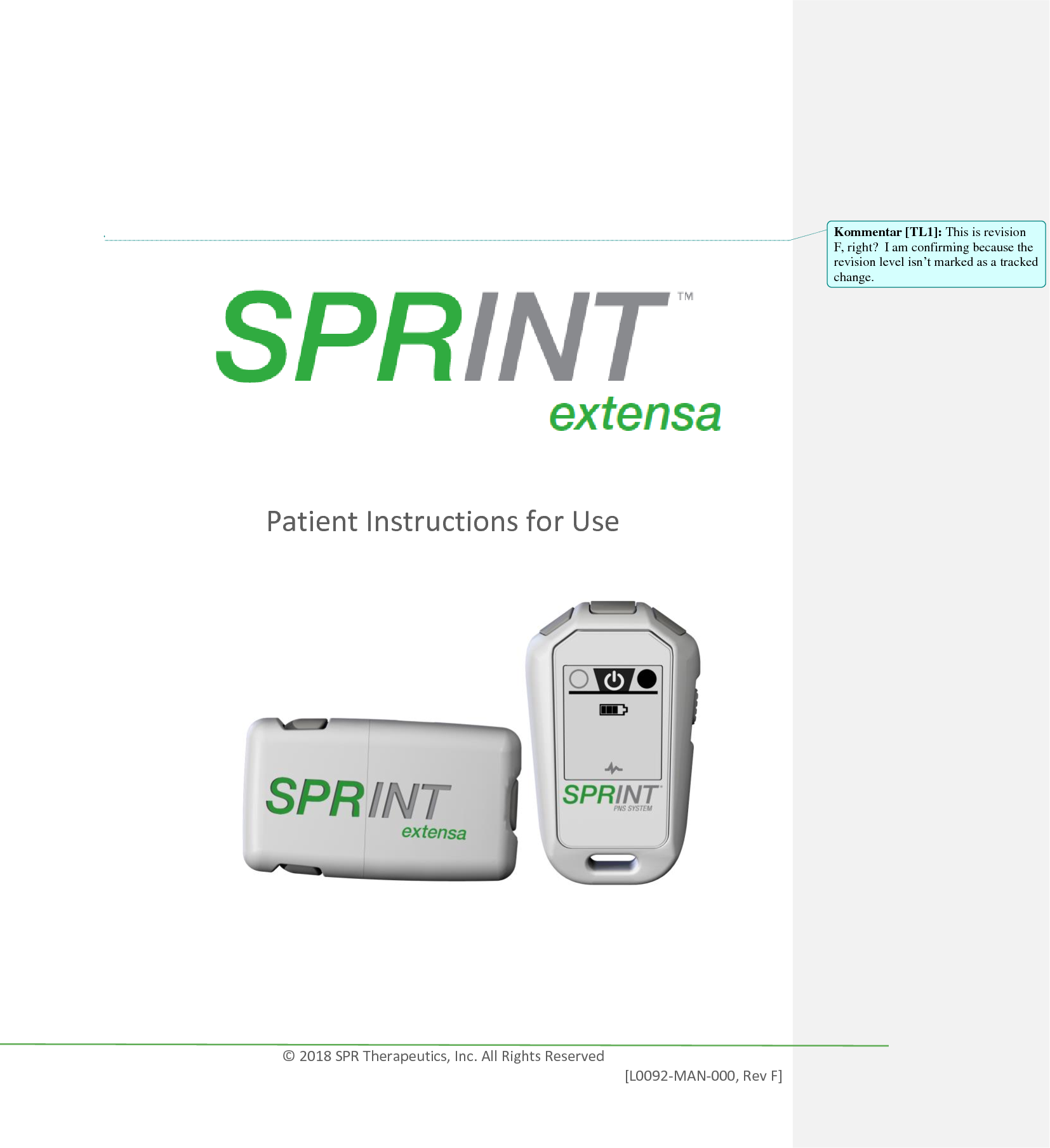 SPR Therapeutics 9620 Sprint Handheld Remote User Manual