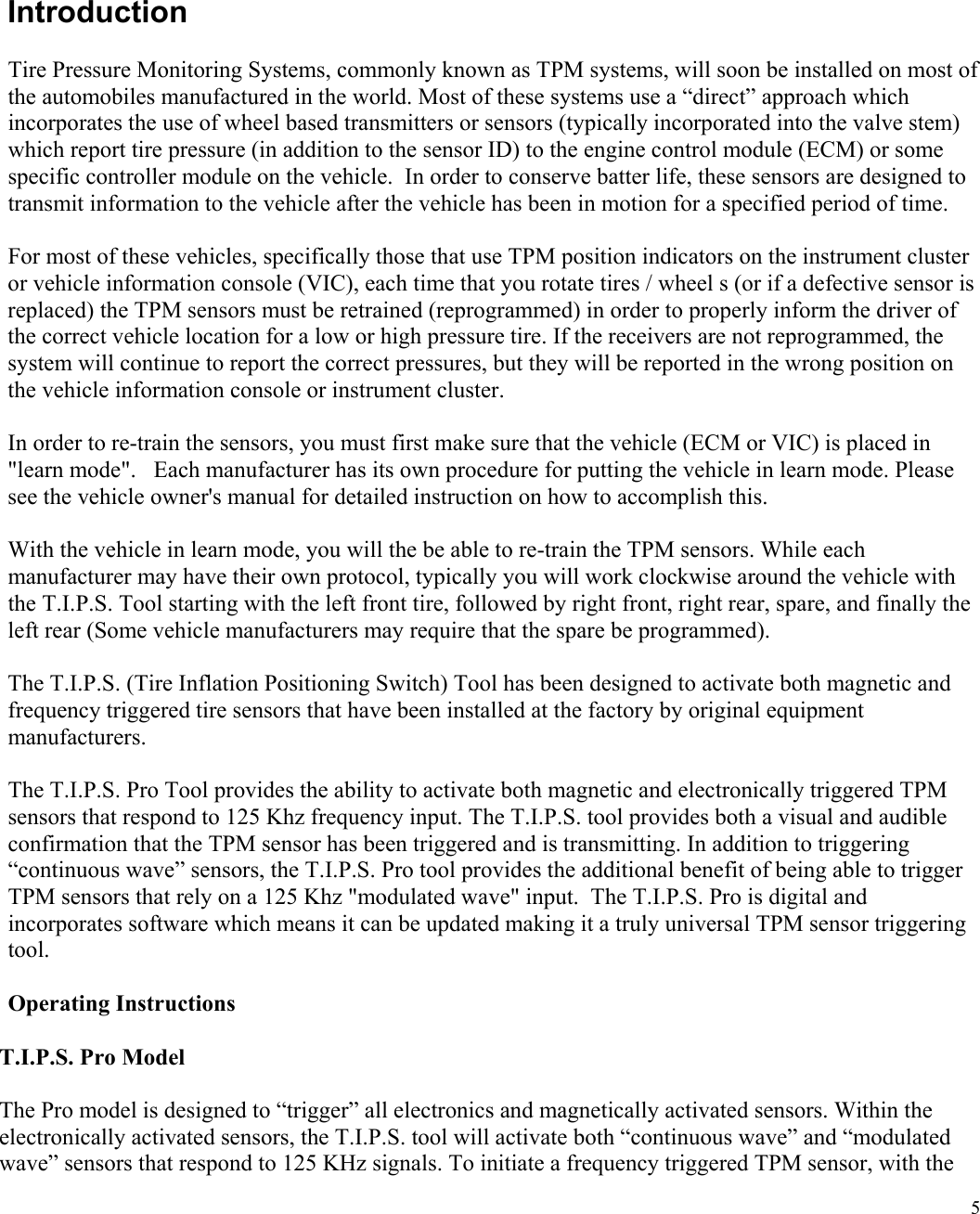 SPX TIPS001 Tire Pressure Transmitter Activator User Manual 491949