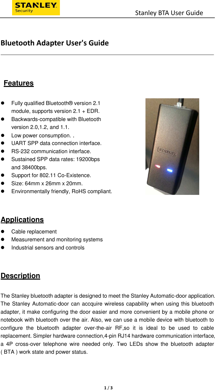 STANLEY GMT Hardware TSTBT02 Bluetooth Adapter User Manual Stanley BTA User Guide