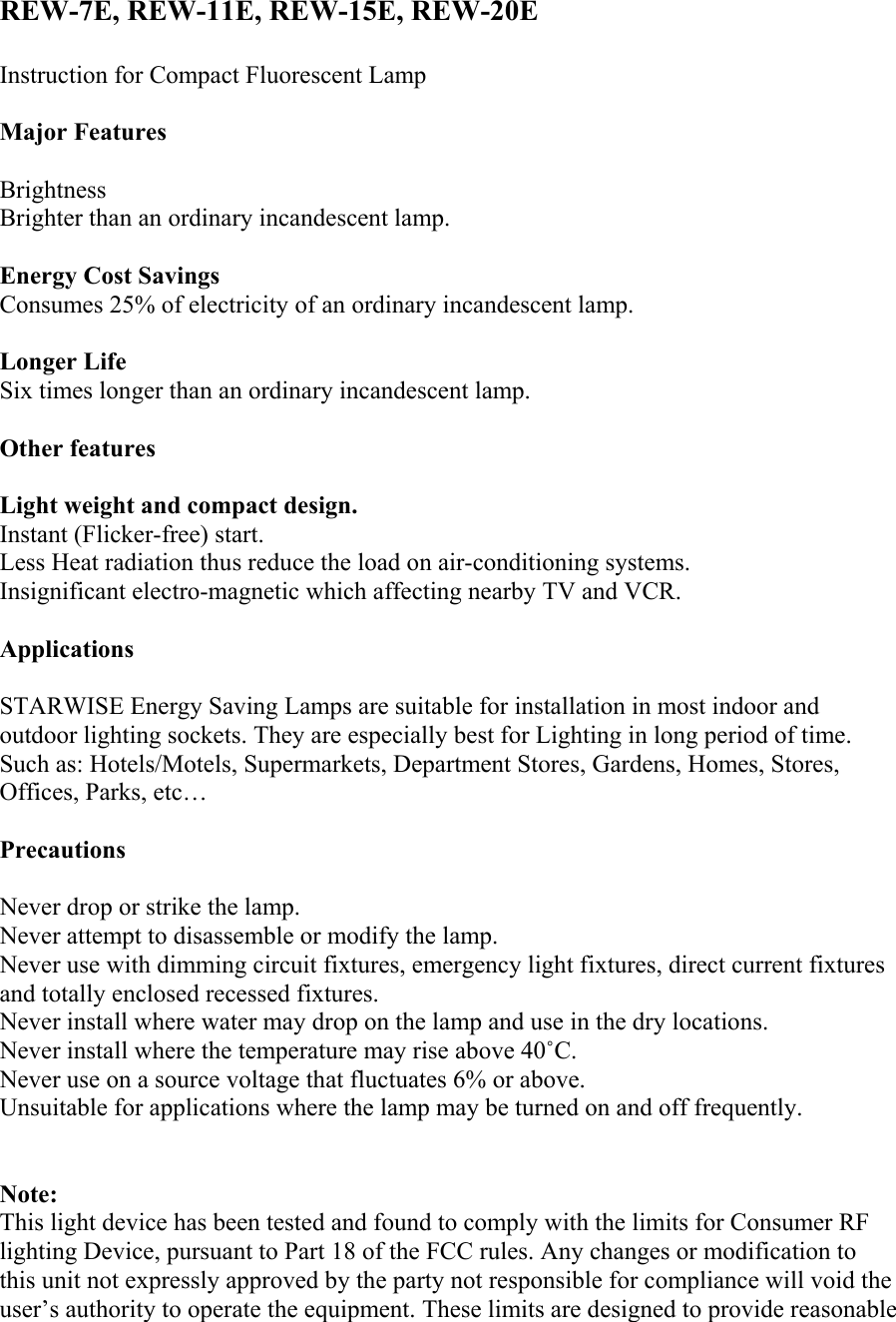 STARWISE REW Light Bulb User Manual REW