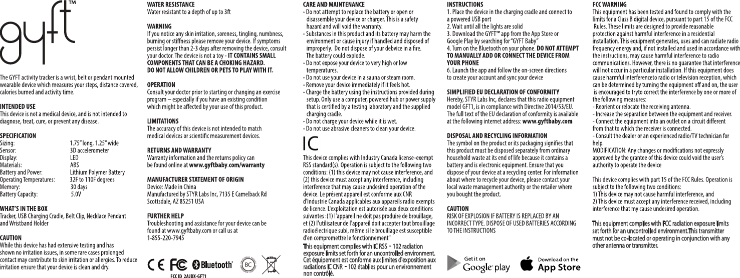 STYR Labs GFT1 GYFT Activity Tracker User Manual GYFT Safety Card