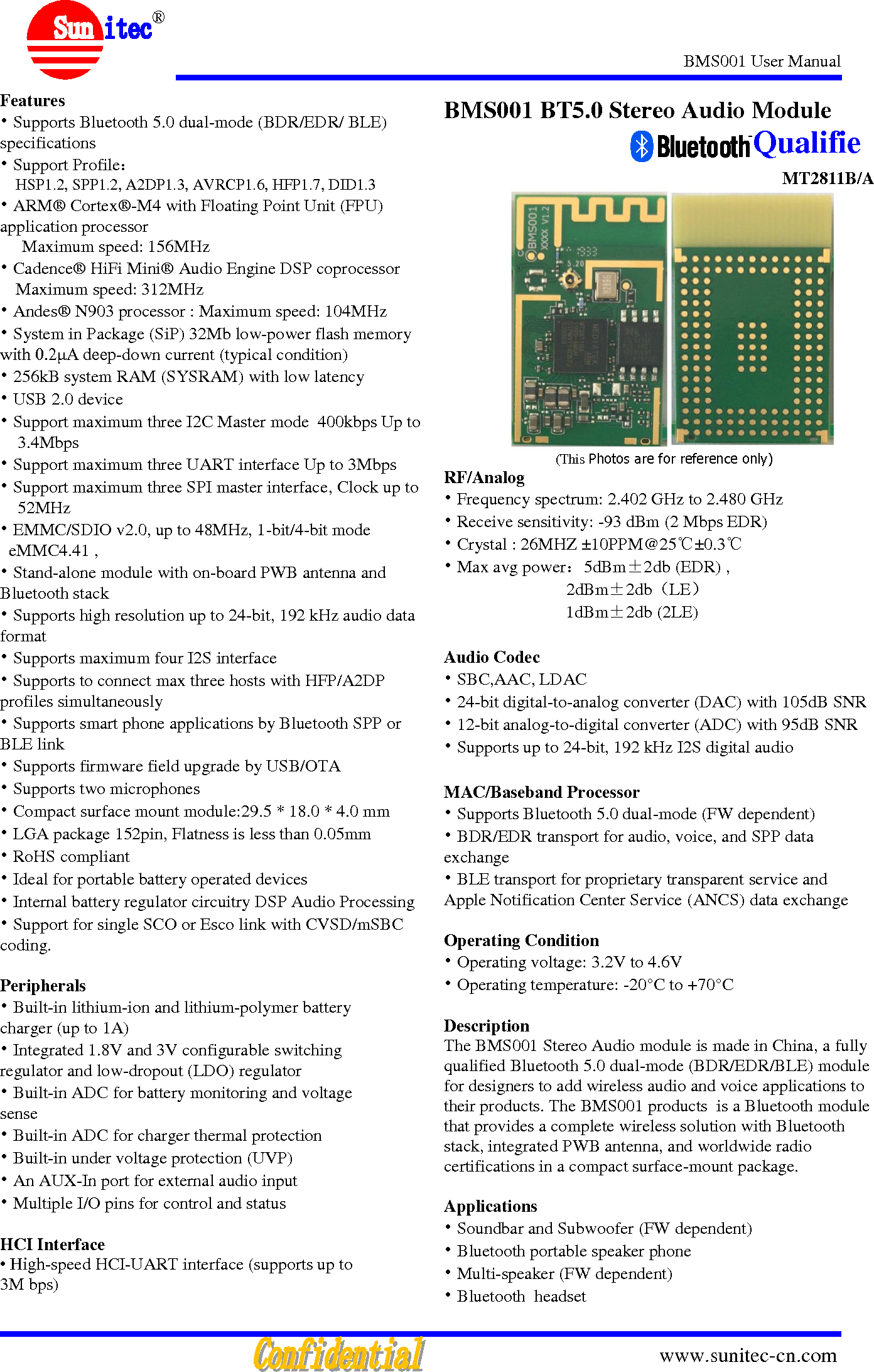 SUNITEC ELECTRONICS TECHNOLOGY BMS001 BT module User Manual