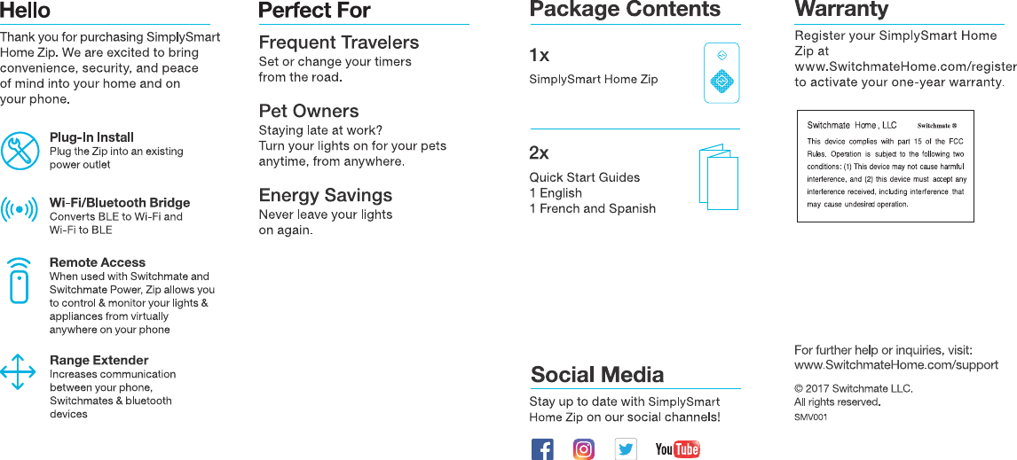 SWITCHMATE HOME ZSCSM0013 Zip-Siren BLE-Wi-Fi Bridge User Manual SMV001 ...