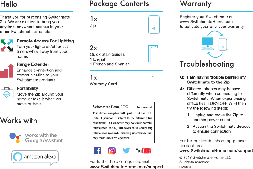 SWITCHMATE HOME ZSM009 Zip BLE-WiFi Bridge User Manual 0418 QSG ZIP smv001