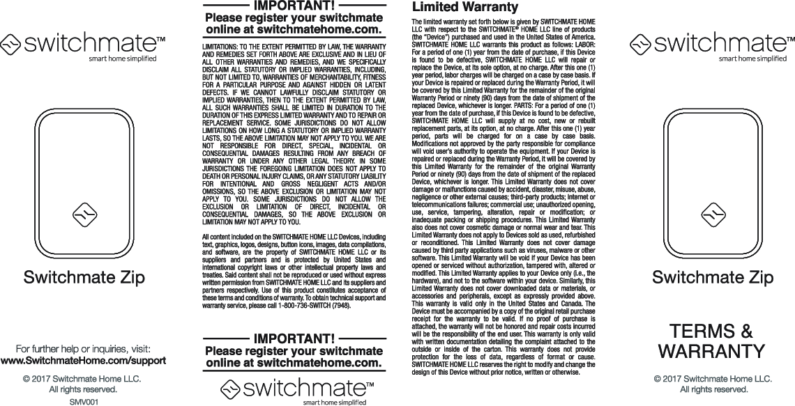 SWITCHMATE HOME ZSM009 Zip BLE-WiFi Bridge User Manual 0418 QSG ZIP smv001