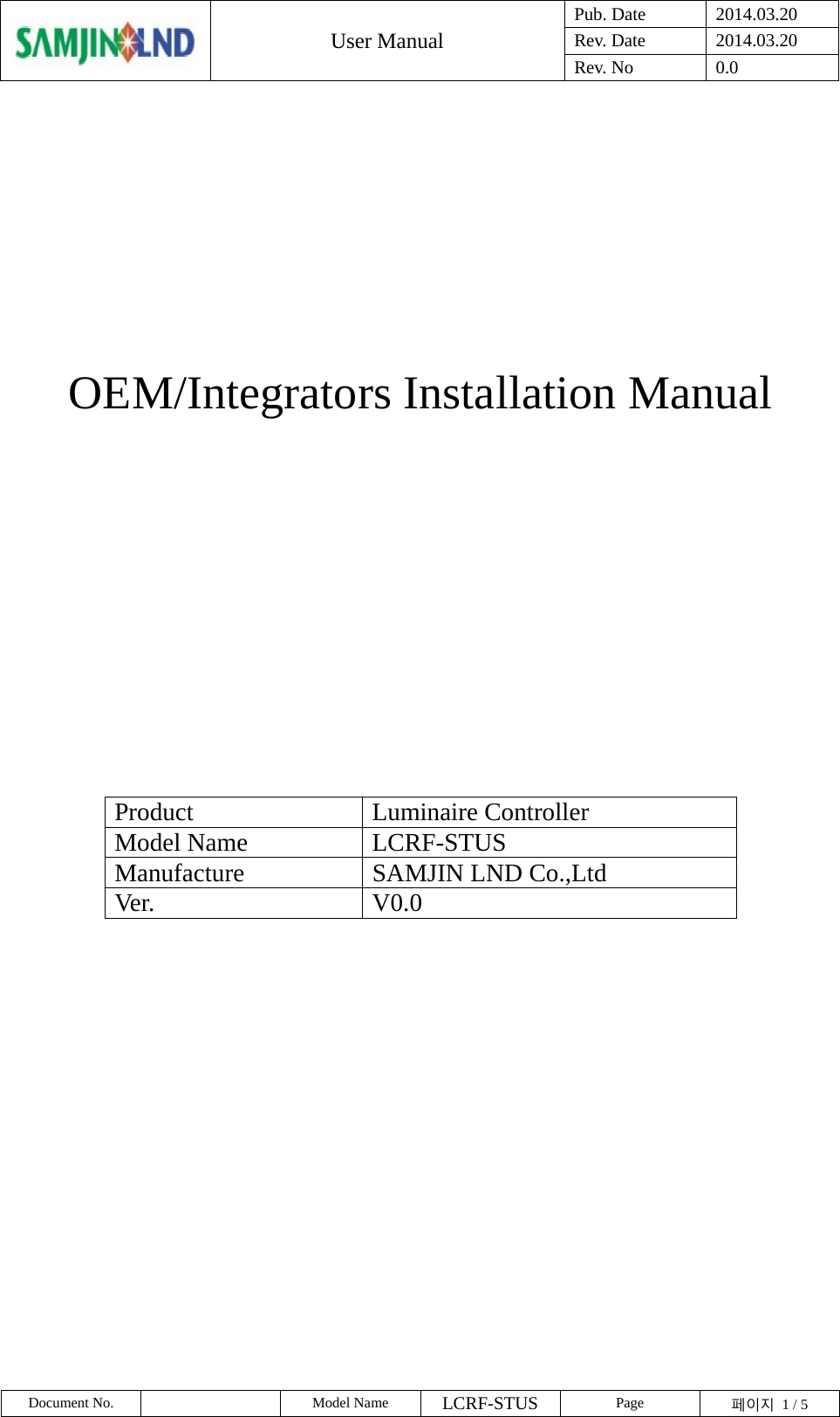 Samjin LND LCRFSTUS LUMINAIRE CONTROLL BOARD User Manual LCRF STUS