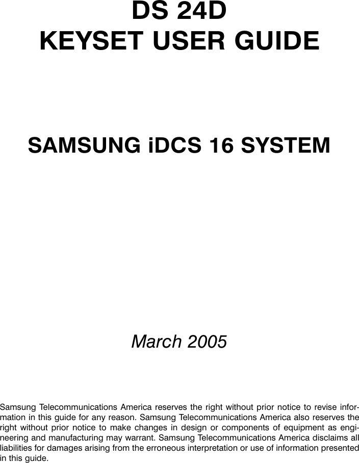 Samsung Ds 24D Users Manual IDCS 16 Keyset User Guide