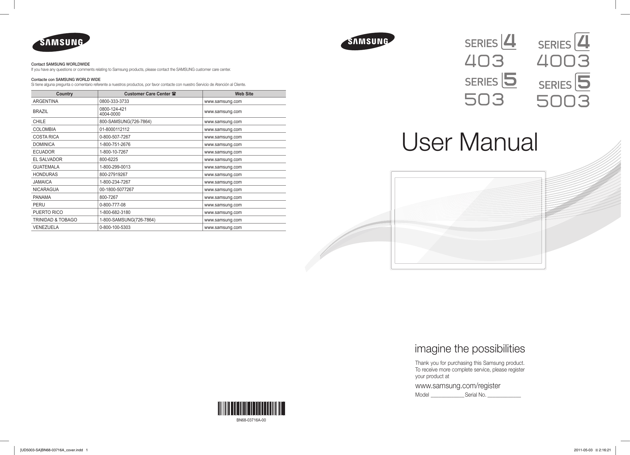 Samsung Flat Panel Television Un19D4003 Users Manual [UD5003 SA]BN68 ...
