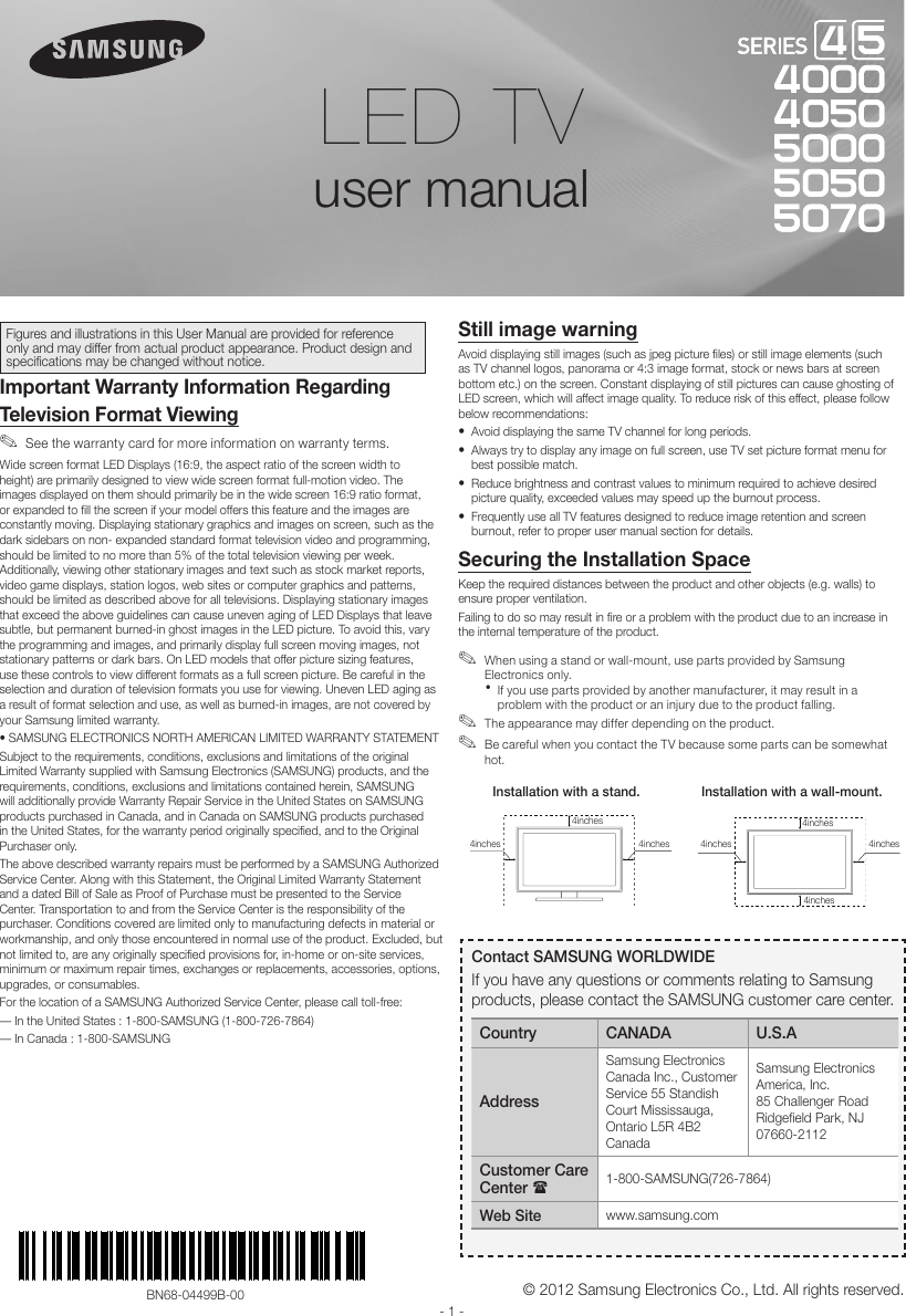 Samsung 40 1080P 60Hz Led Un40Eh5000 Users Manual