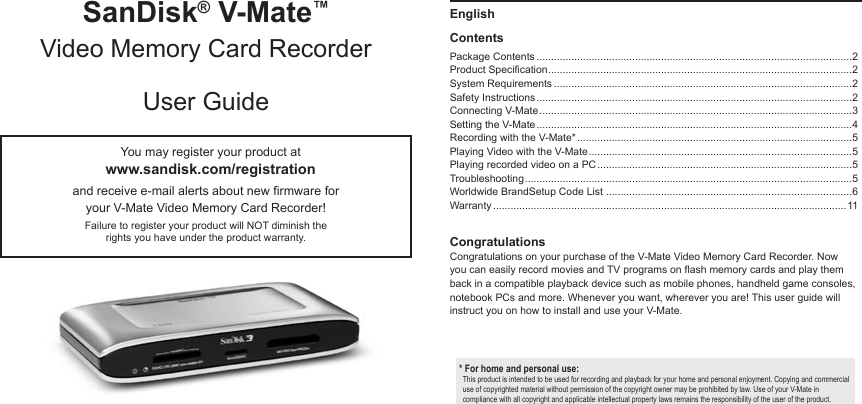 Sandisk V Mate Video Memory Card Recorder Users Manual
