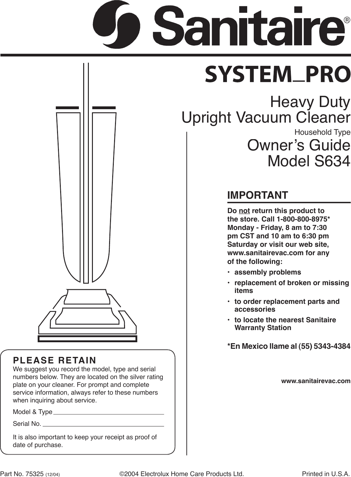 Sanitaire S634 Users Manual 75325 Sanitaire_Pro