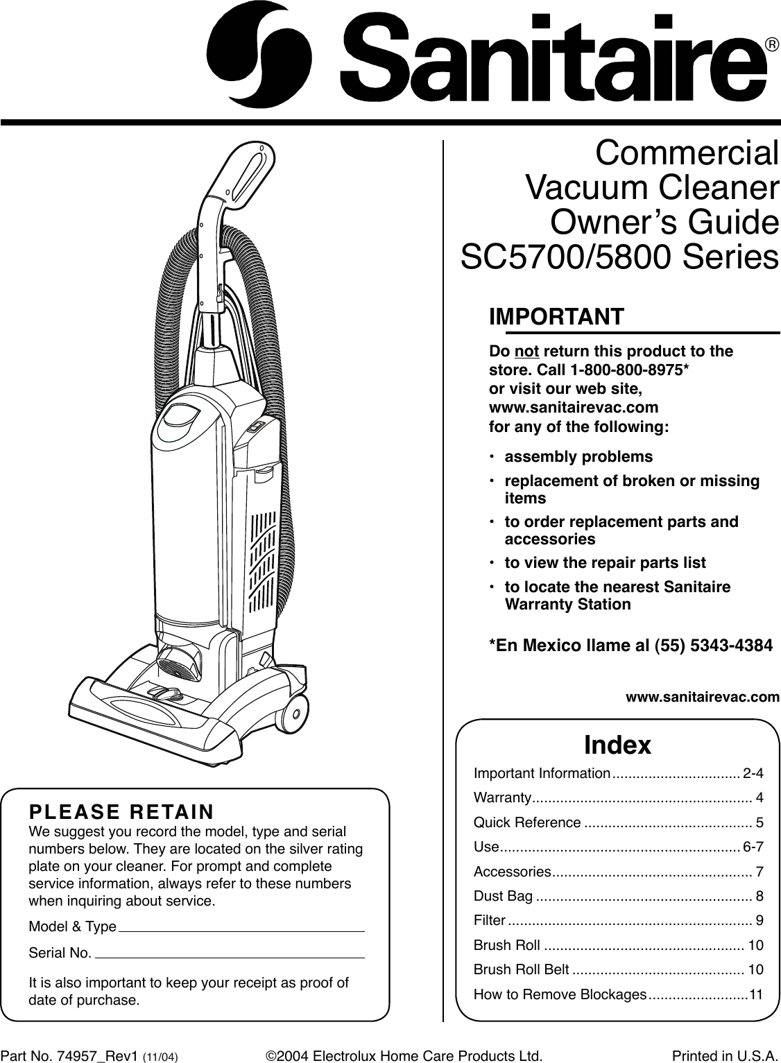 Sanitaire Sc5700 Series Users Manual 74957