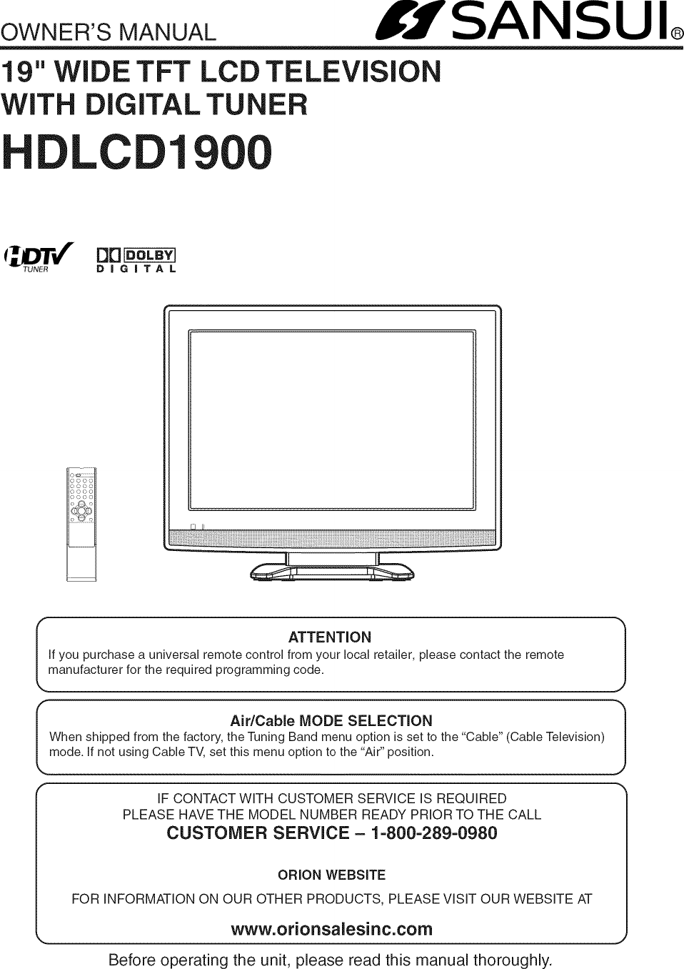 Sansui HDLCD1900 User Manual LCD TELEVISION Manuals And Guides L0811551