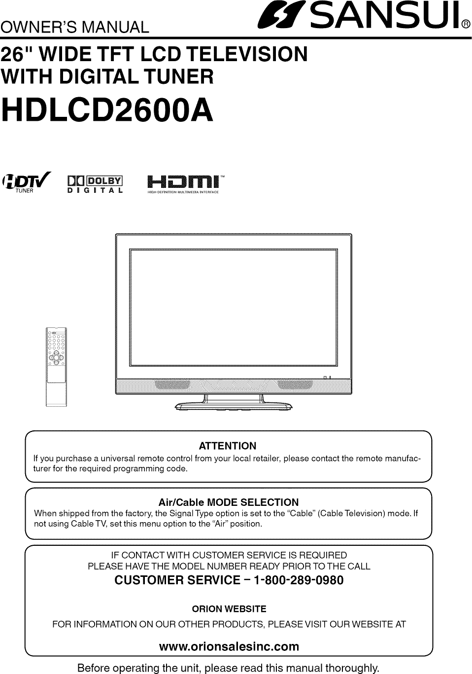 Sansui HDLCD2600A User Manual LCD TELEVISION Manuals And Guides L0811658