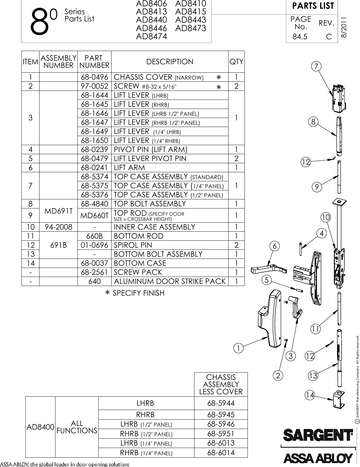 Sargent PARTS PAGE 84.5 AD8400 Concealed Vertical Rod
