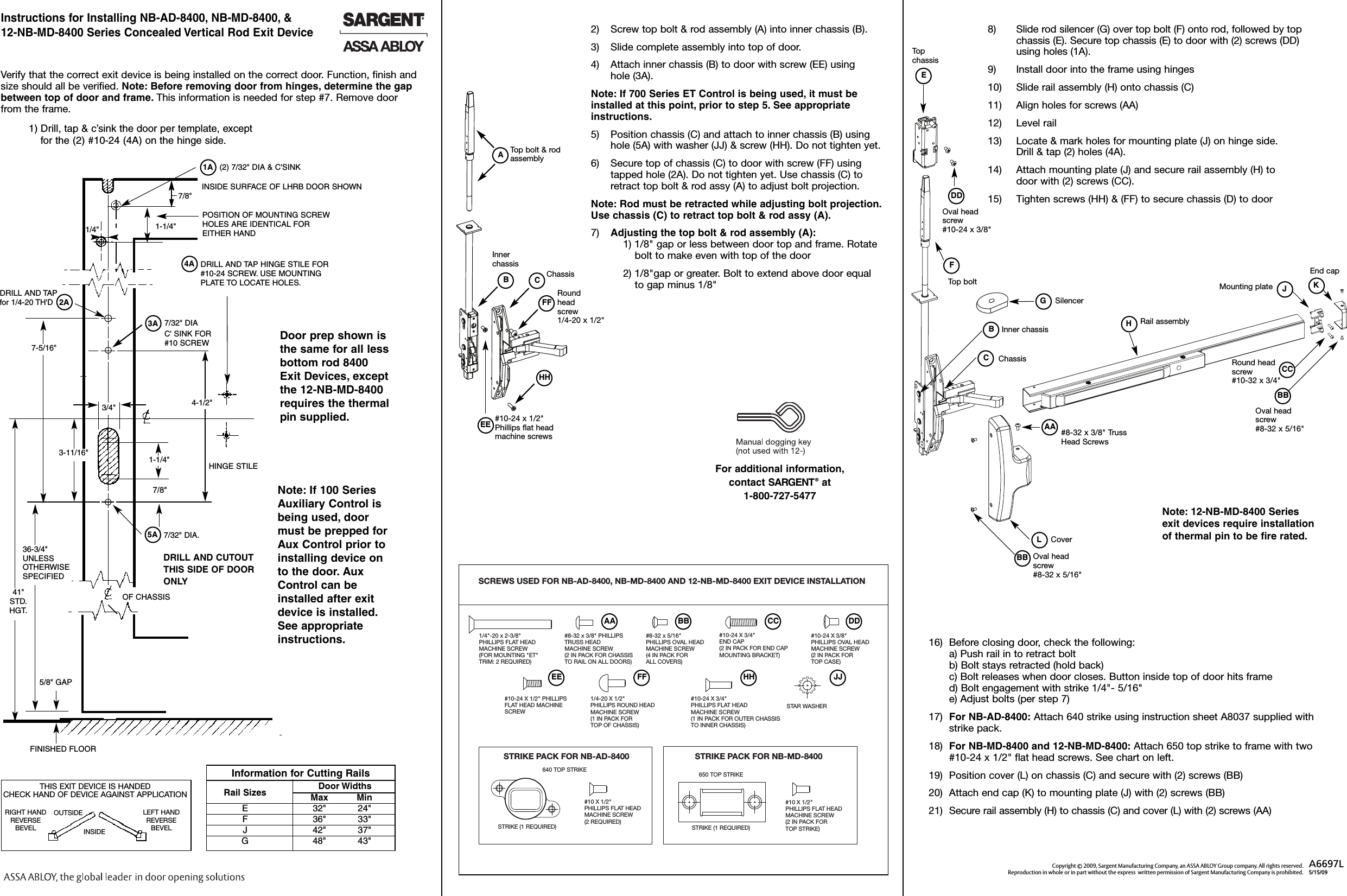 Sargent AD AND MD 8400 INSTRUC8400/NB8400/12 MD8400/12 NB MD8400 Narrow ...