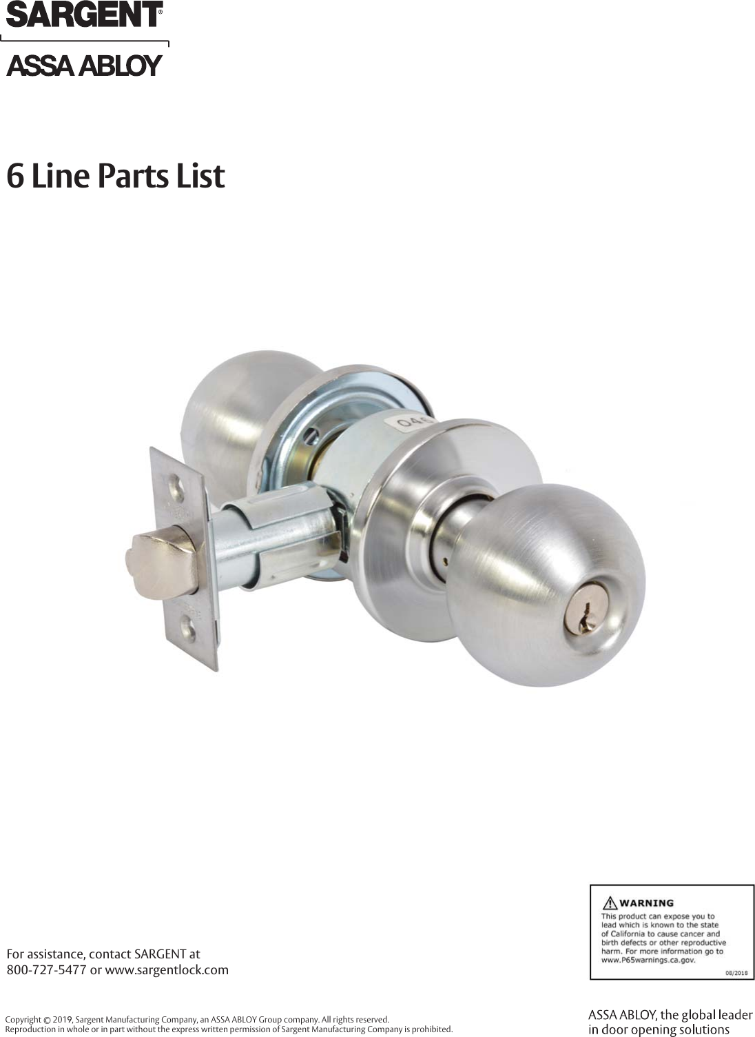 Sargent 6 Line Parts List Bored Lock