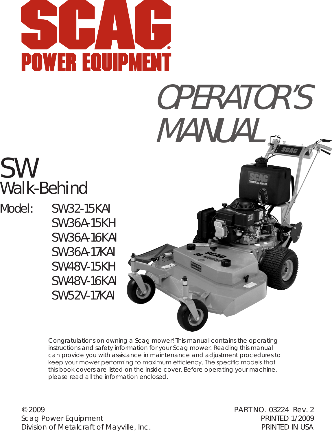 Scag Power Equipment Sw32 15Kai Users Manual SW Operator's 03224 W Spanish