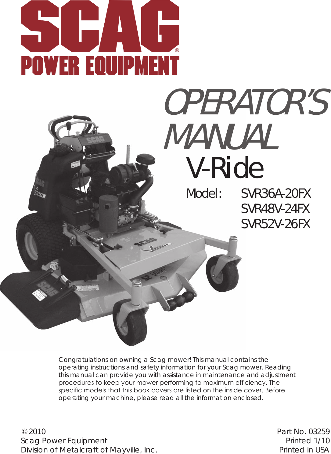 Scag Power Equipment V Ride Svr36A 20Fx Users Manual Operators 03259