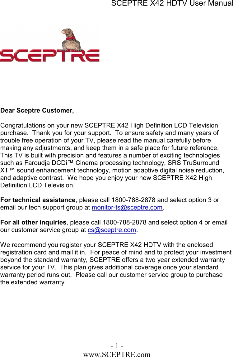 Sceptre Technologies X42 Users Manual X42GV KOMODO V1.5