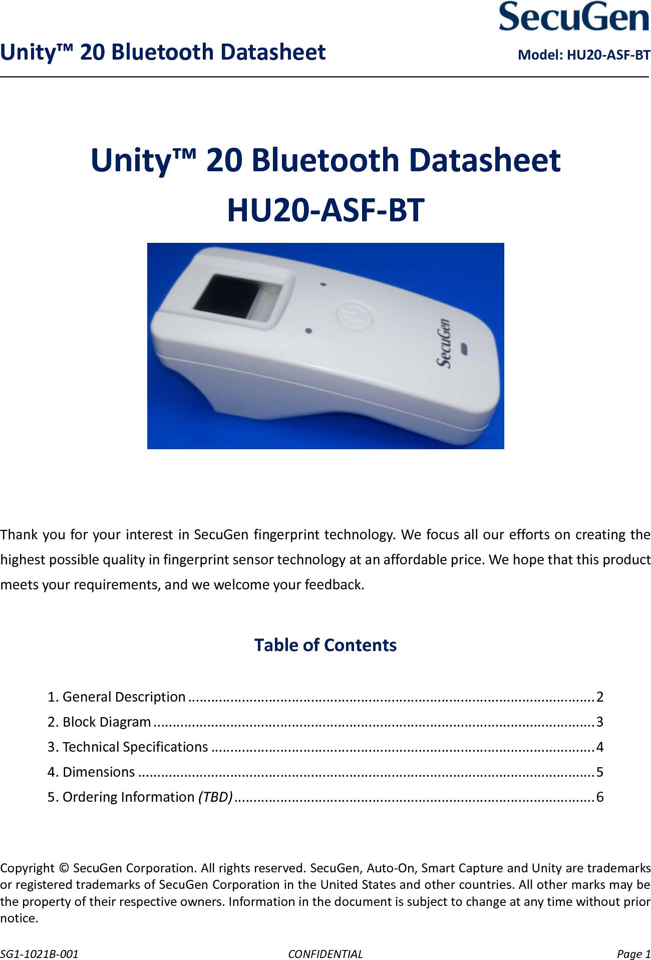 SecuGen HU20ASFBT Unity 20 Bluetooth User Manual