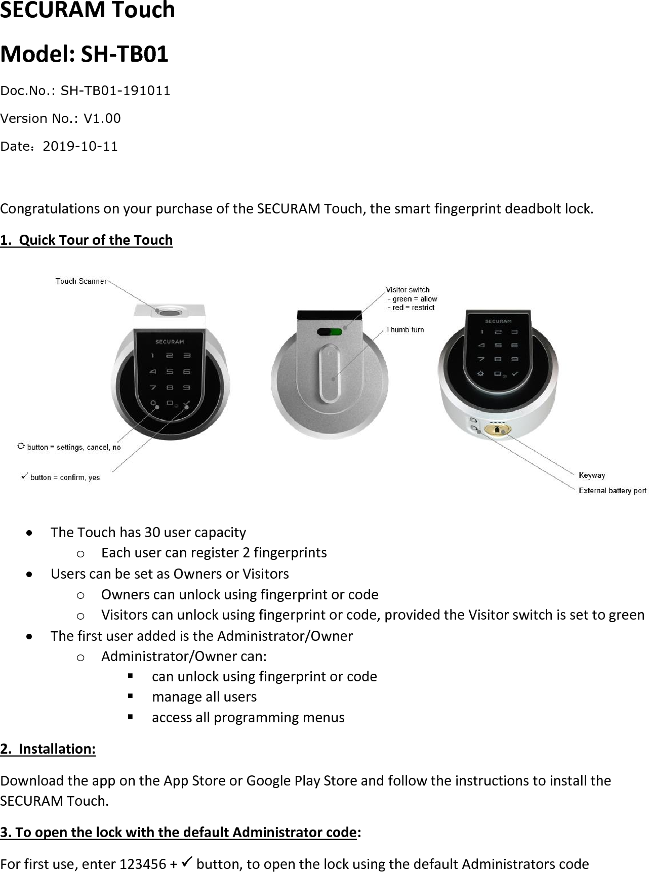 SecuRam Systems SHTB01 SECURAM Touch User Manual