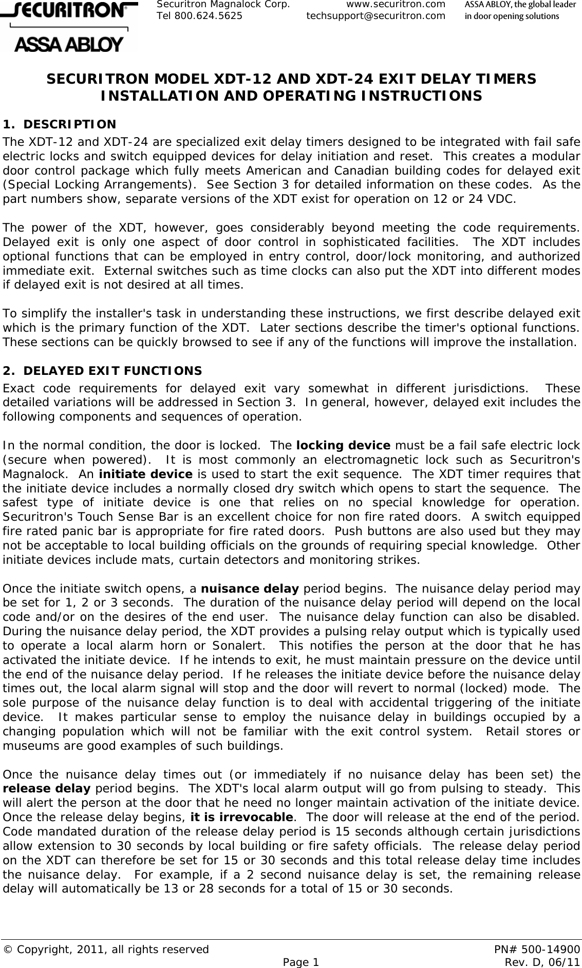 Securitron XDT SERIES 500 14900_D 12, 24 Installation And Operating ...