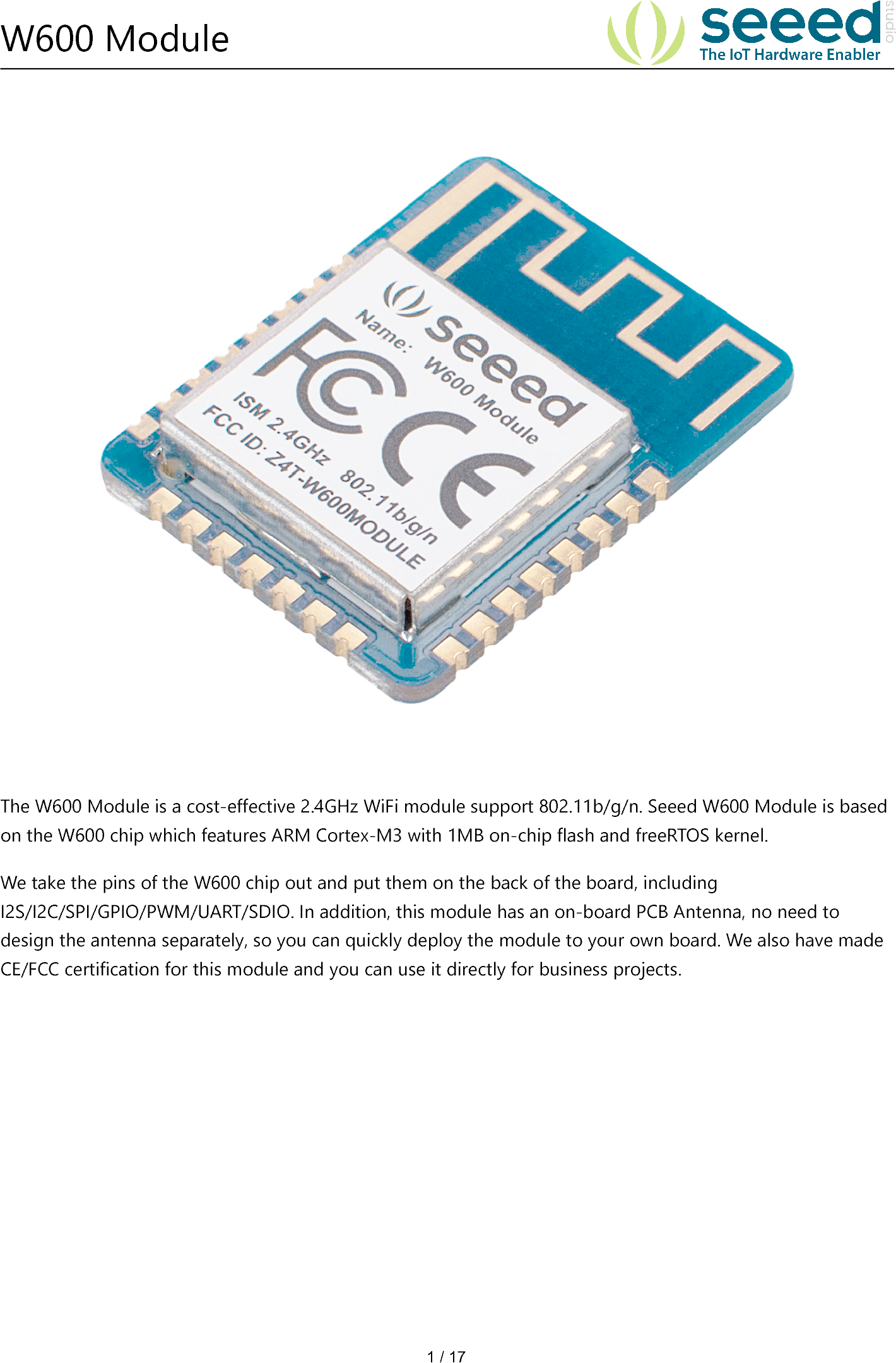 Seeed Technology W600MODULE W600 WiFi Module User Manual