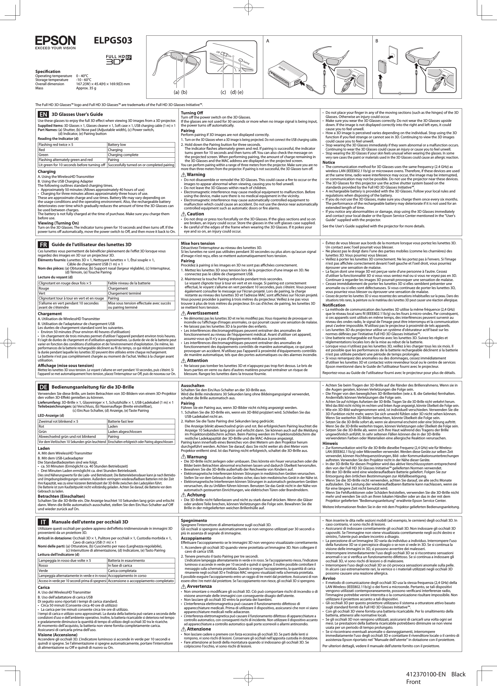 Seiko Epson AE-ELPGS03 3D Glasses User Manual EPSON ELPGS03 3D Glasses ...
